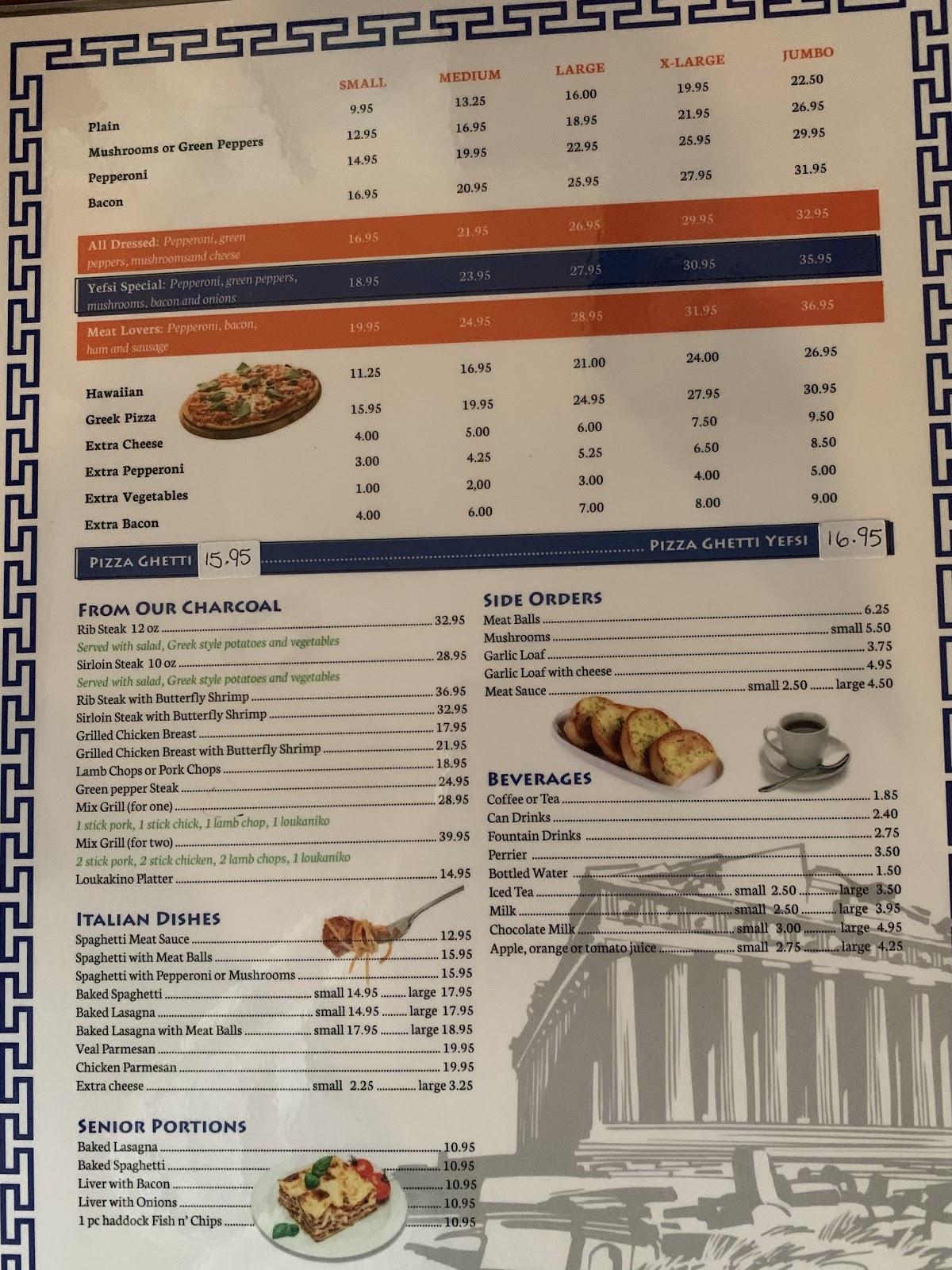 Menu at Yefsi Restaurant, Iroquois
