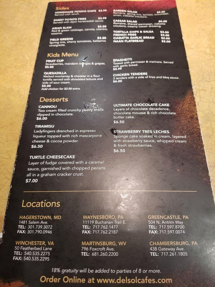 Menu at Café Del Sol cafe, Chambersburg