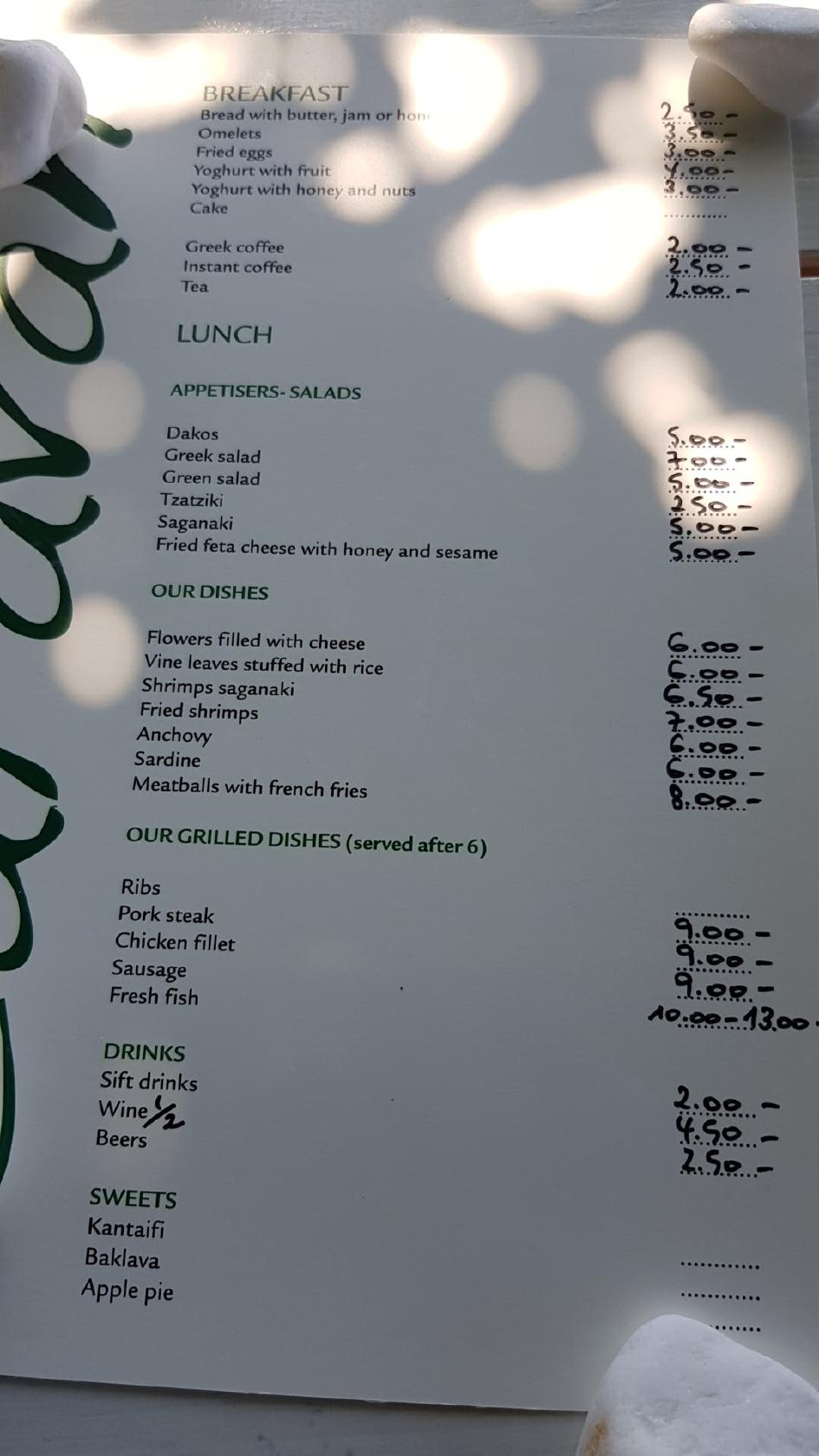 Menu at Caravan by the sea, Petra