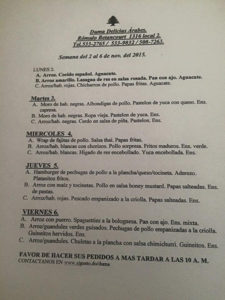 Menu at Duma Delicias Árabes restaurant, Santo Domingo, Av. Rómulo ...