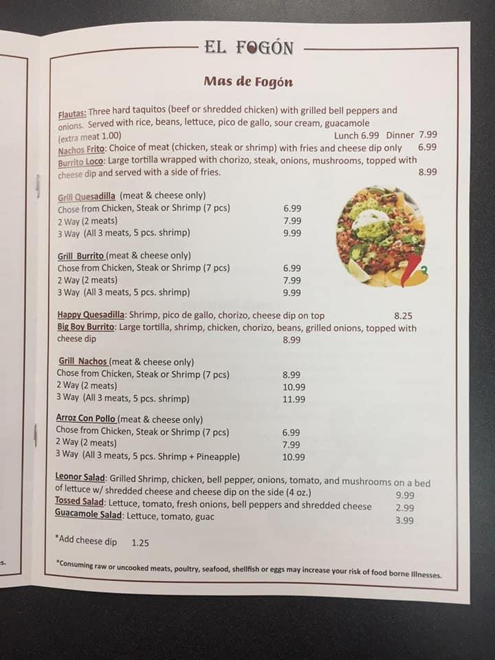 Menu at El Fogon Grill restaurant, Hackleburg