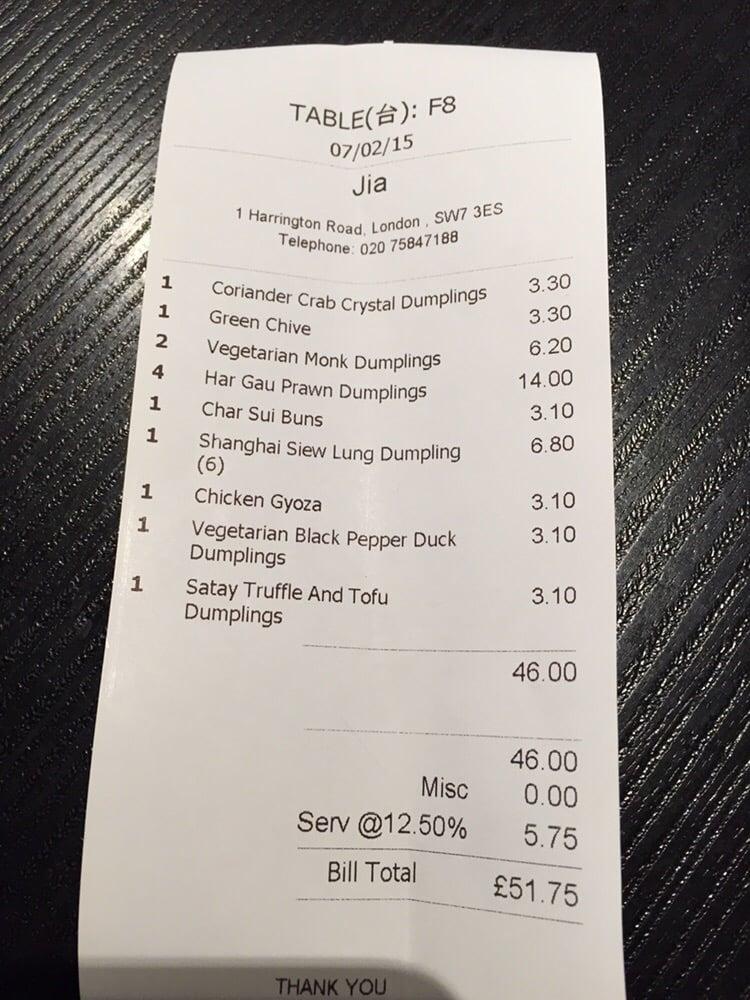Menu at Jia restaurant, London, 1 Harrington Rd