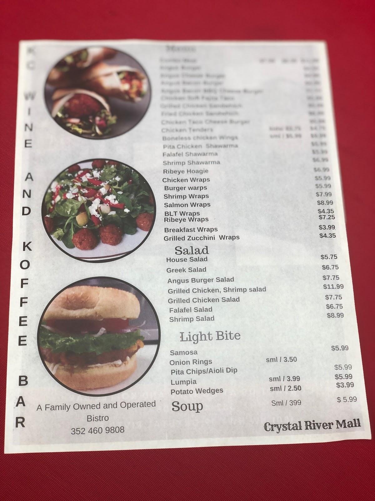 Menu at KC Wine and Koffee Bar, Crystal River, 564 N Citrus Ave