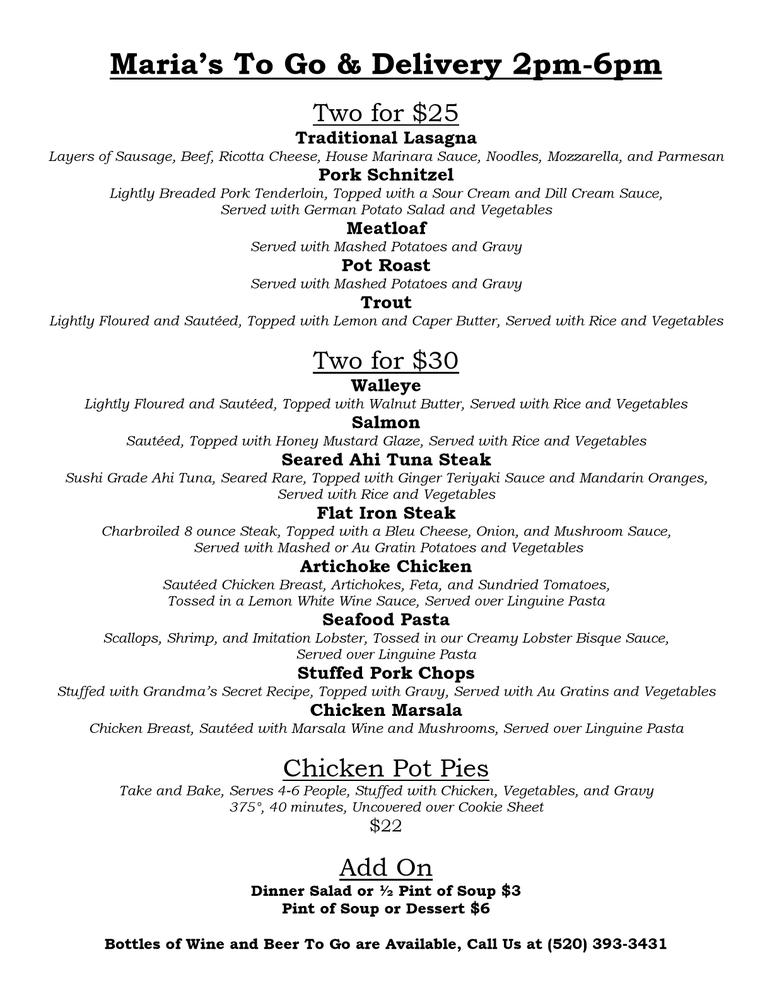 Menu at Maria's The Gathering Place restaurant, Green Valley