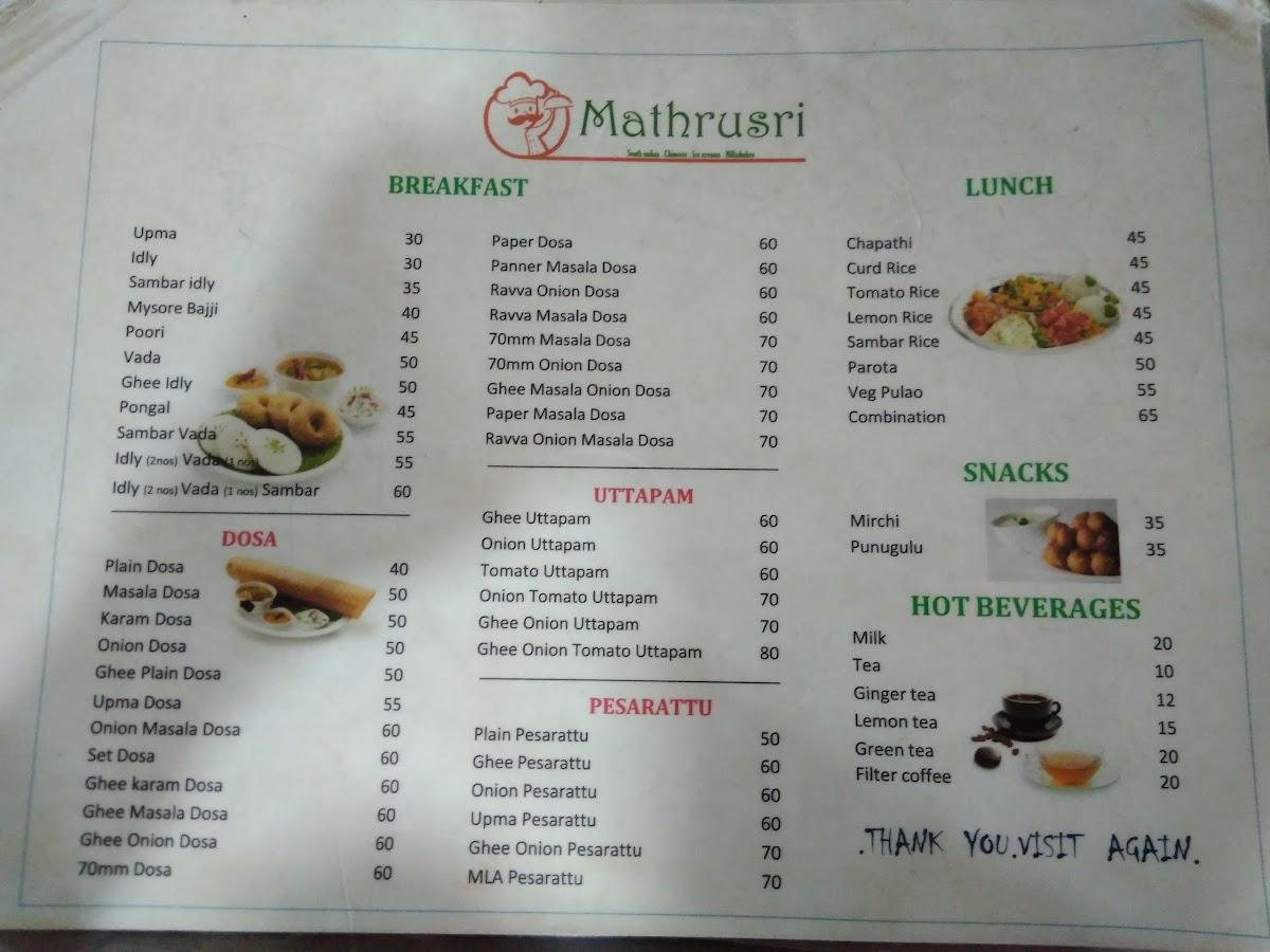 Menu at Mathru Sri Tiffins, Hyderabad, Hitech City 'X' Road