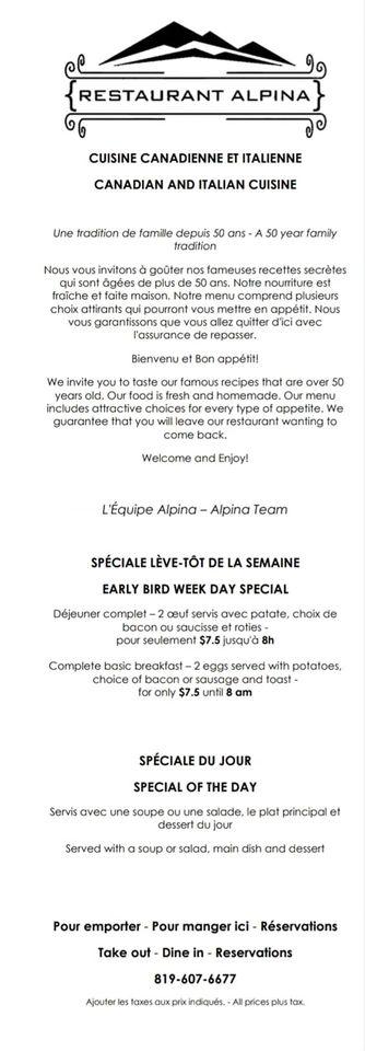 Menu at Restaurant Alpina, Gatineau