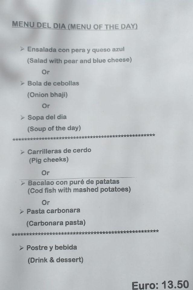 Menu at Sunrise restaurant, L'Albir