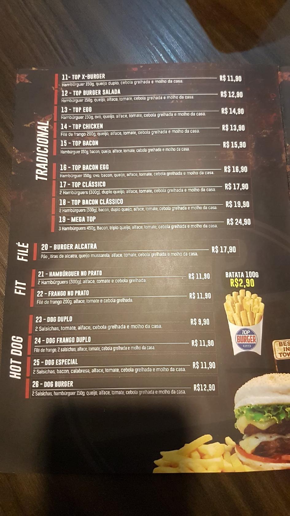 Menu at Top Burger restaurant, Londrina