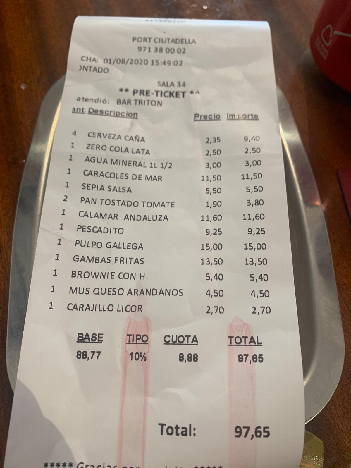 Carta del pub y bar Tritón, Ciudadela del Menorca
