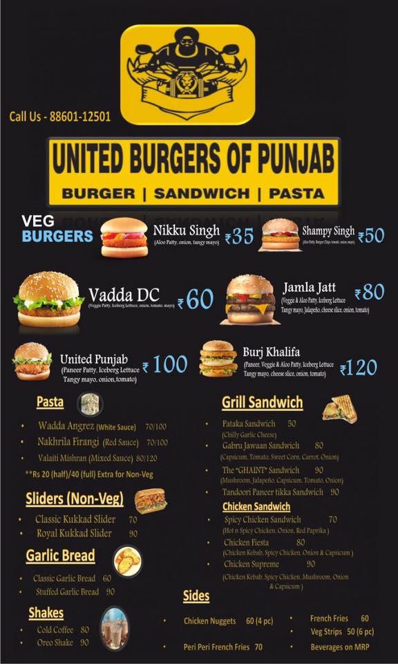 Menu at United Burgers of Punjab, Delhi, 11/89