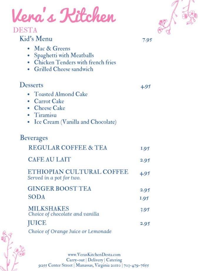 Menu at Vera's Kitchen restaurant, Manassas
