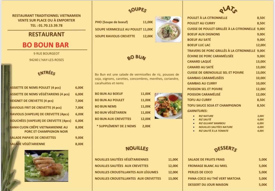 Menu au BO BOUN BAR, L'Haÿ-les-Roses