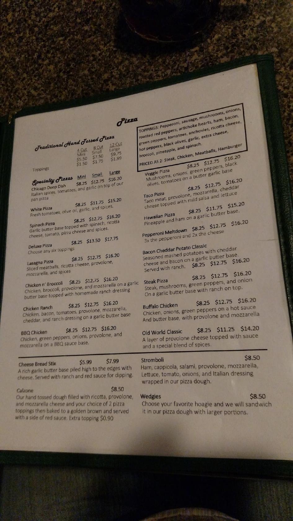 Menu at Bob's Trading Post pizzeria, USA, Bliss Hill Rd