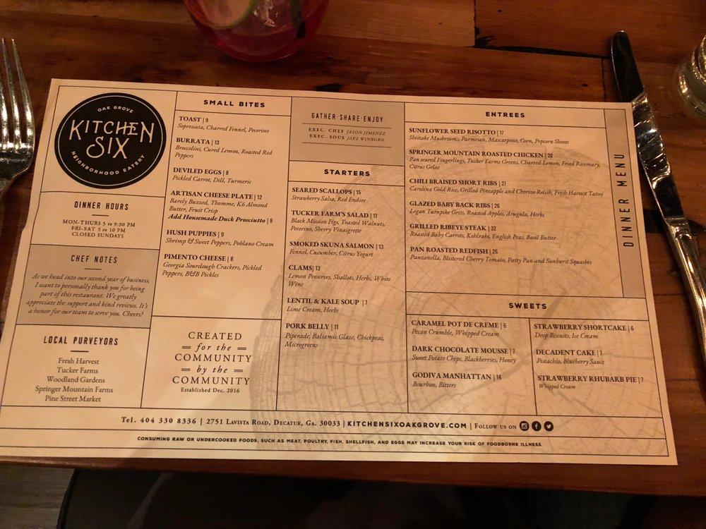 Menu at Kitchen Six restaurant, Decatur