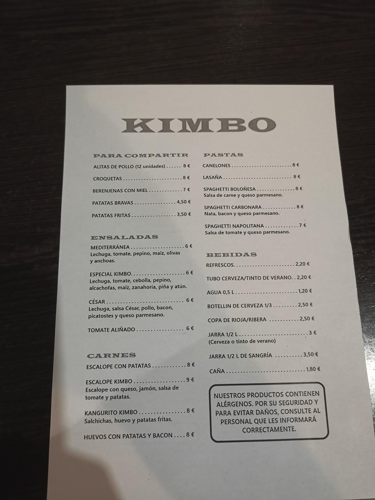 Menu at Pizzeria Kimbo, Salobreña