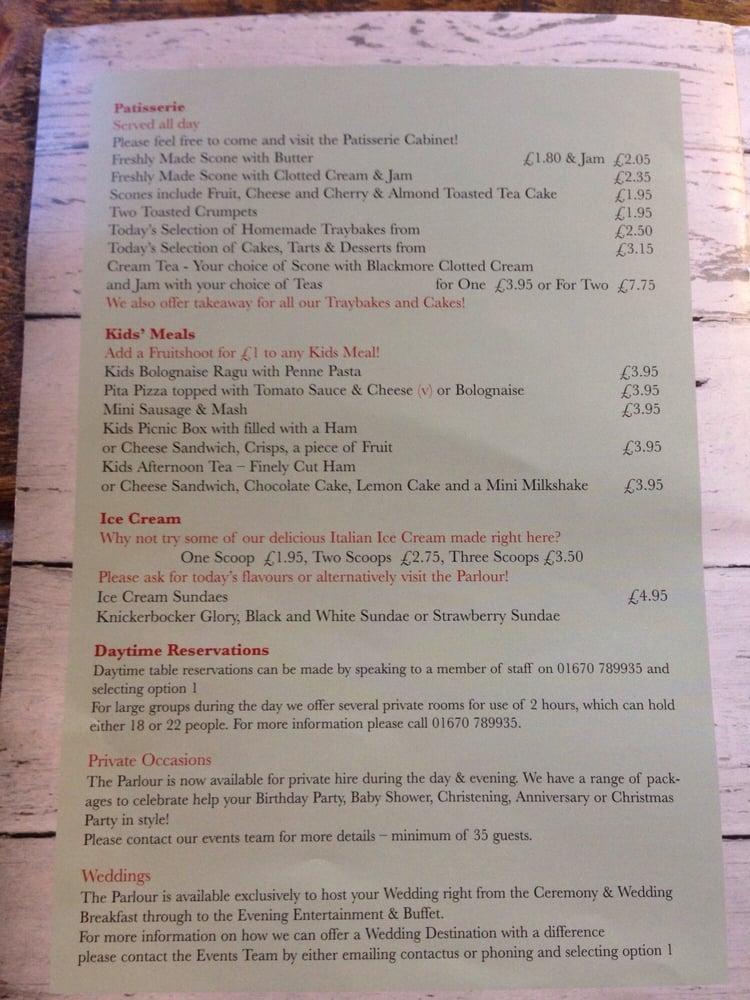 Menu at The Parlour at Blagdon cafe, Newcastle upon Tyne
