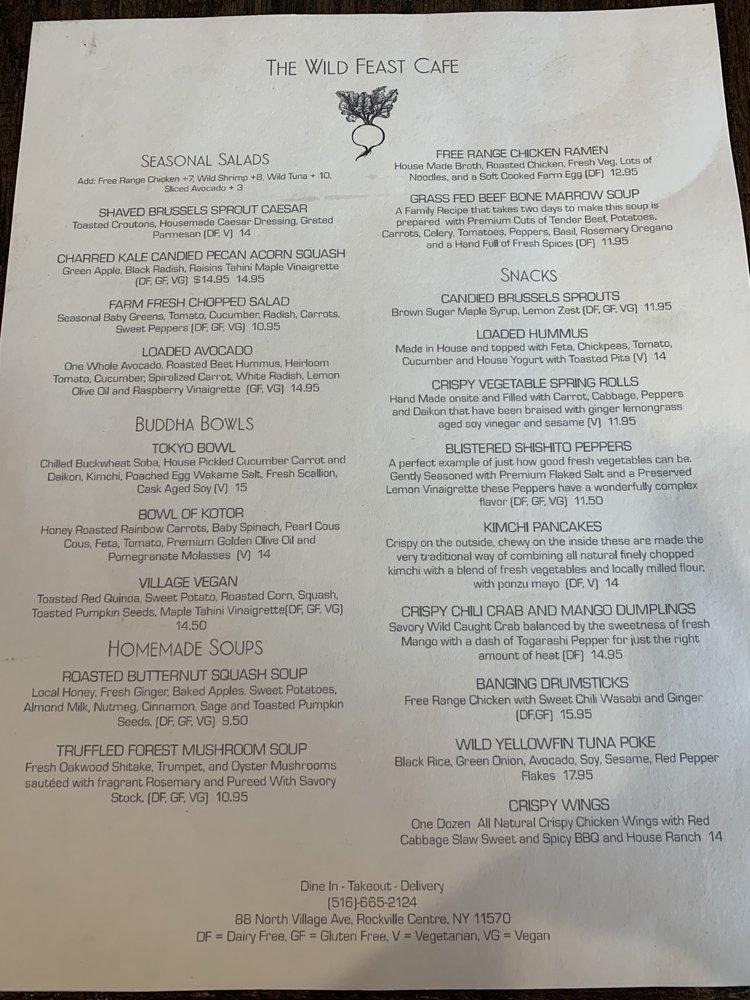 Menu at The Wild Feast Cafe, Rockville Centre