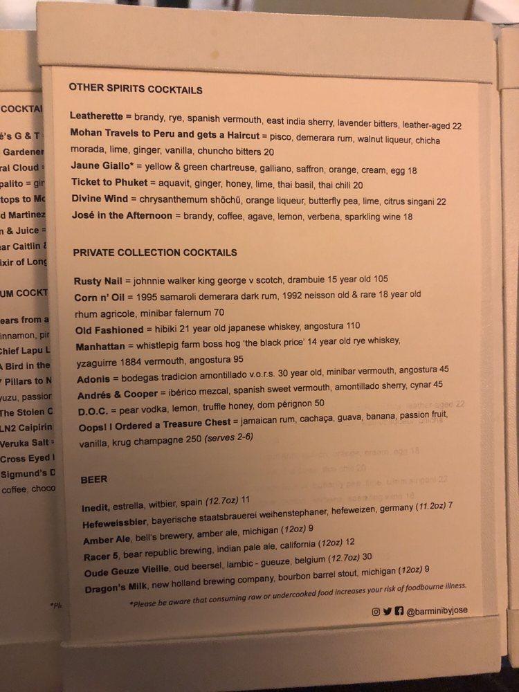 Menu at barmini by José Andrés, Washington