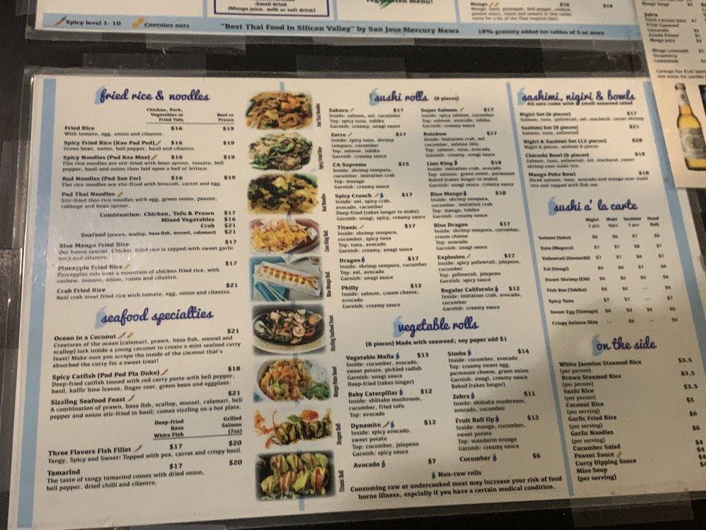 Menu at Blue Mango restaurant, San Jose, 635 Coleman Ave