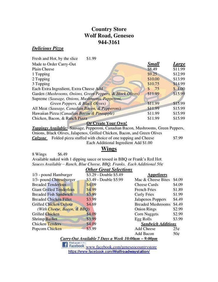 Menu at Country Store, Geneseo