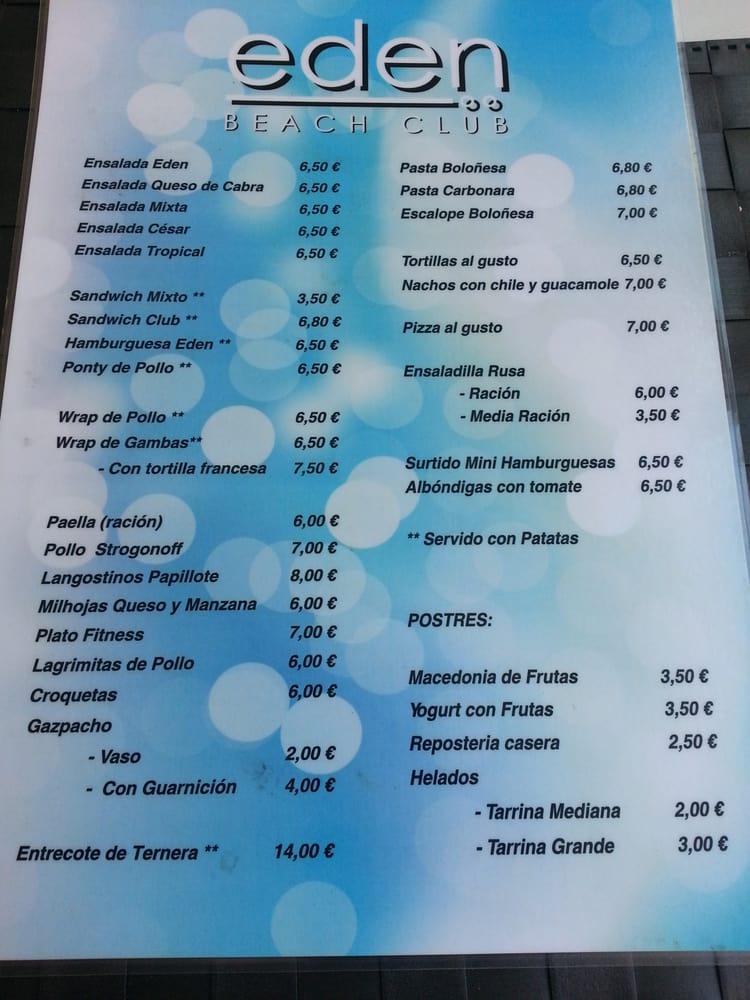Menu at Eden Beach Club, Torremolinos