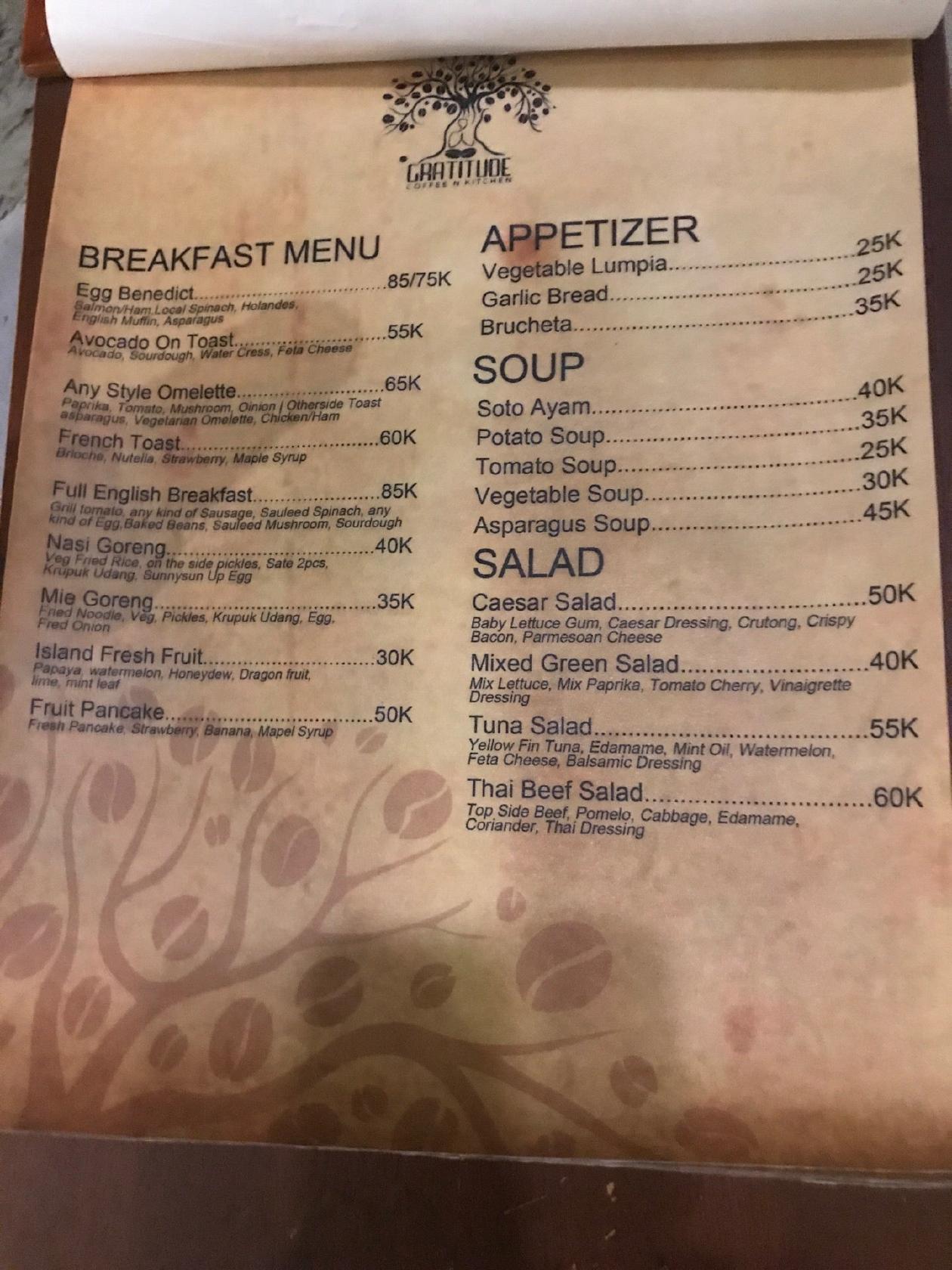 Menu at Gratitude Cafe Ubud, Ubud, Jl. Pestenanan