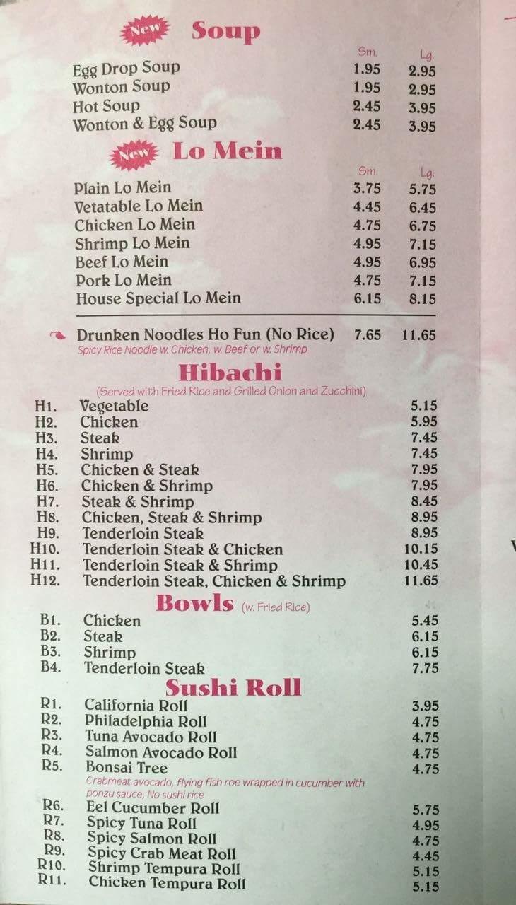 Menu at Nagoya Japanese Express restaurant, Conway