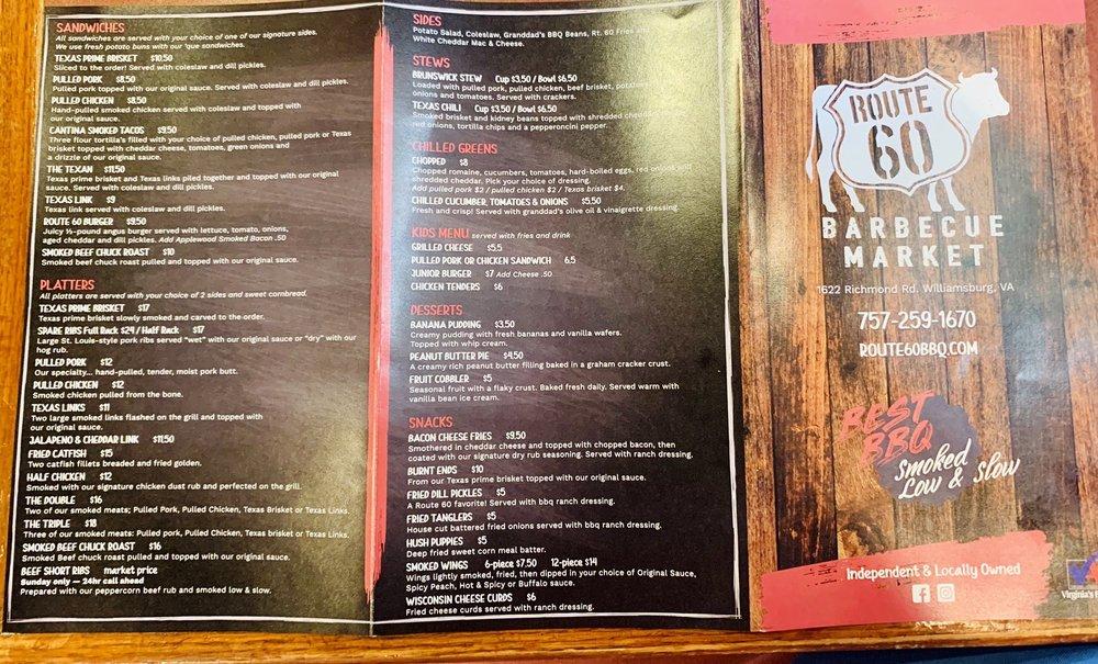 Menu at Route 60 Barbeque Market, Williamsburg