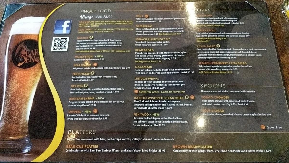 Menu at The Bear's Den pub & bar, Fort Saskatchewan