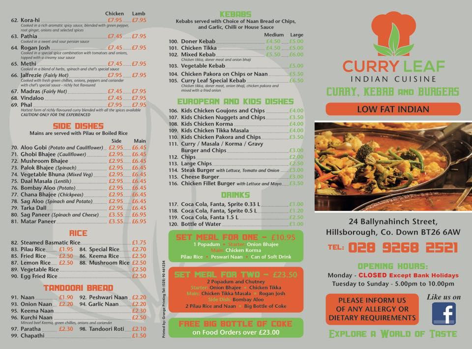 Menu at Curry Leaf restaurant, Hillsborough