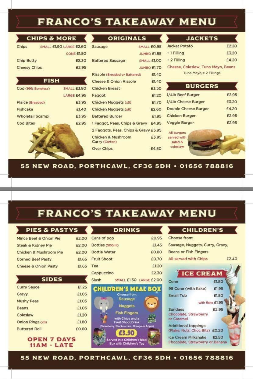Menu at Franco's Fish Shop Limited restaurant, Porthcawl