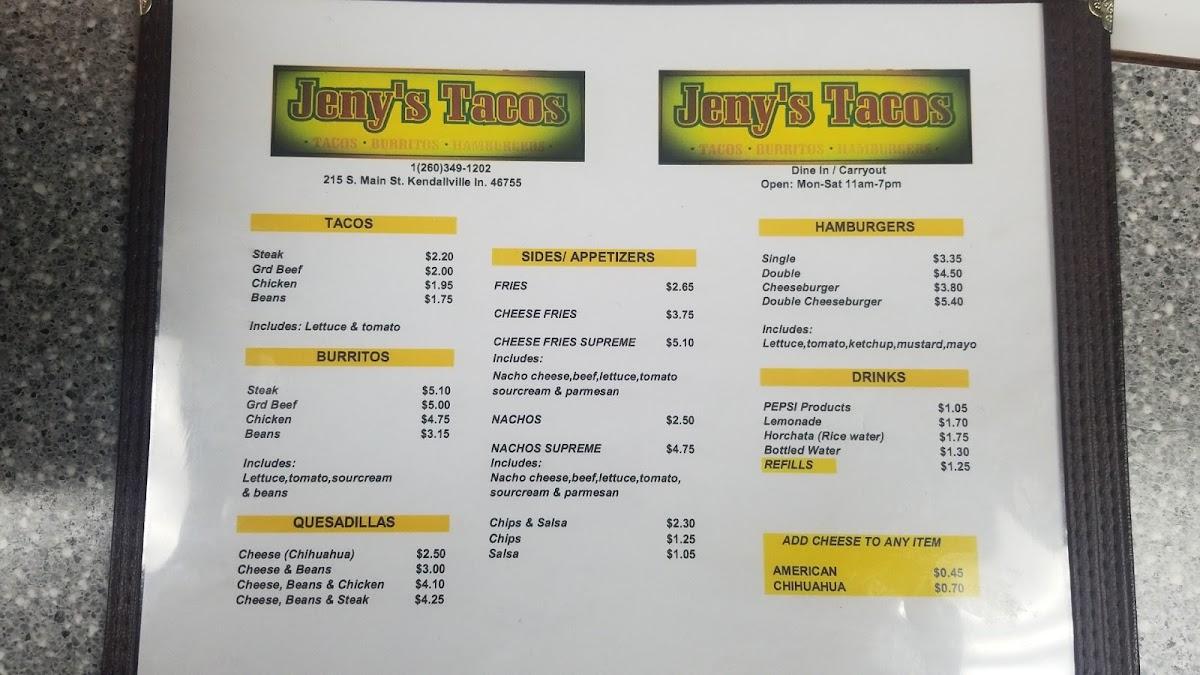 Menu at Jeny's Tacos restaurant, Kendallville