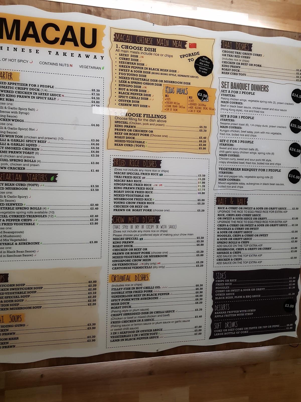 Menu at Macau chinese takeaway restaurant, Hull