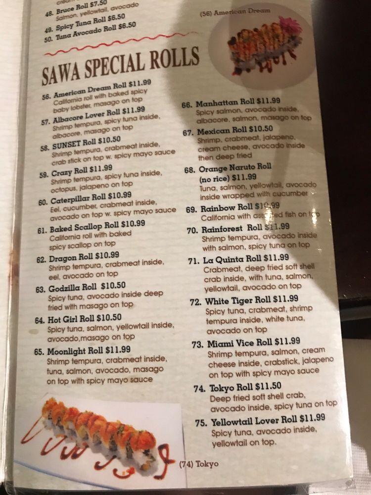 Menu at Sawa Sushi restaurant, La Quinta