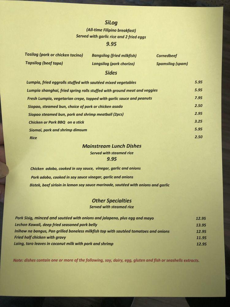 Menu at Tambayan Filipino Eatery restaurant, Santa Rosa