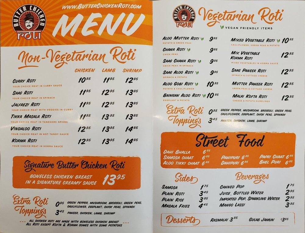 Menu at Butter Chicken Roti restaurant, Toronto, Coxwell Ave
