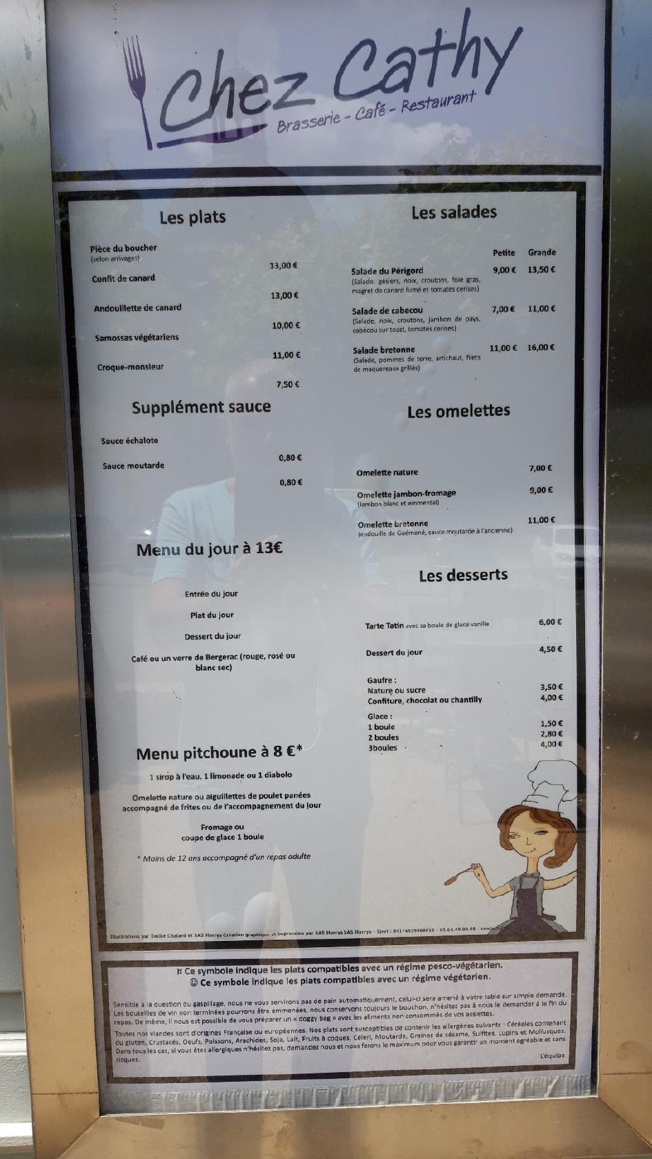 Menu au Chez Cathy restaurant, Hautefort, Place de l'église