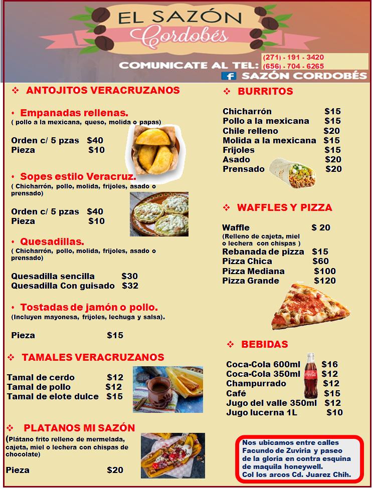Carta del restaurante El sazón cordobés, Ciudad Juarez
