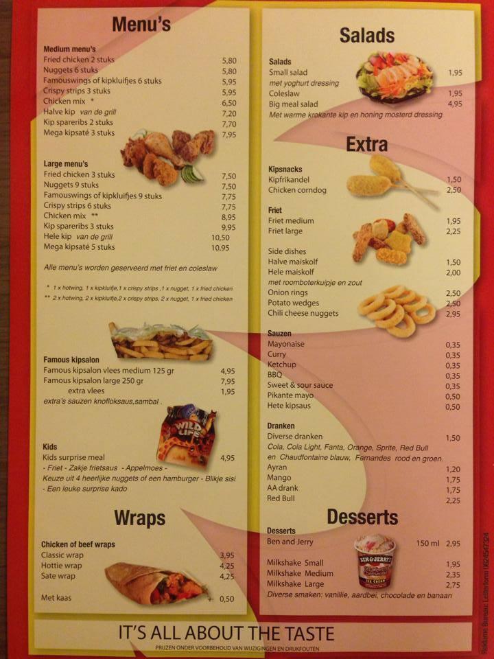 Menu at Famous mister chicken, Roosendaal