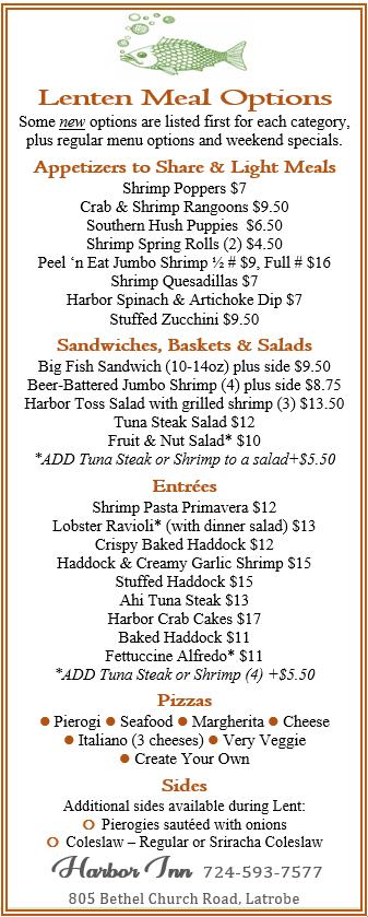 Menu at Harbor Inn Restaurant & Lounge, Mount Pleasant