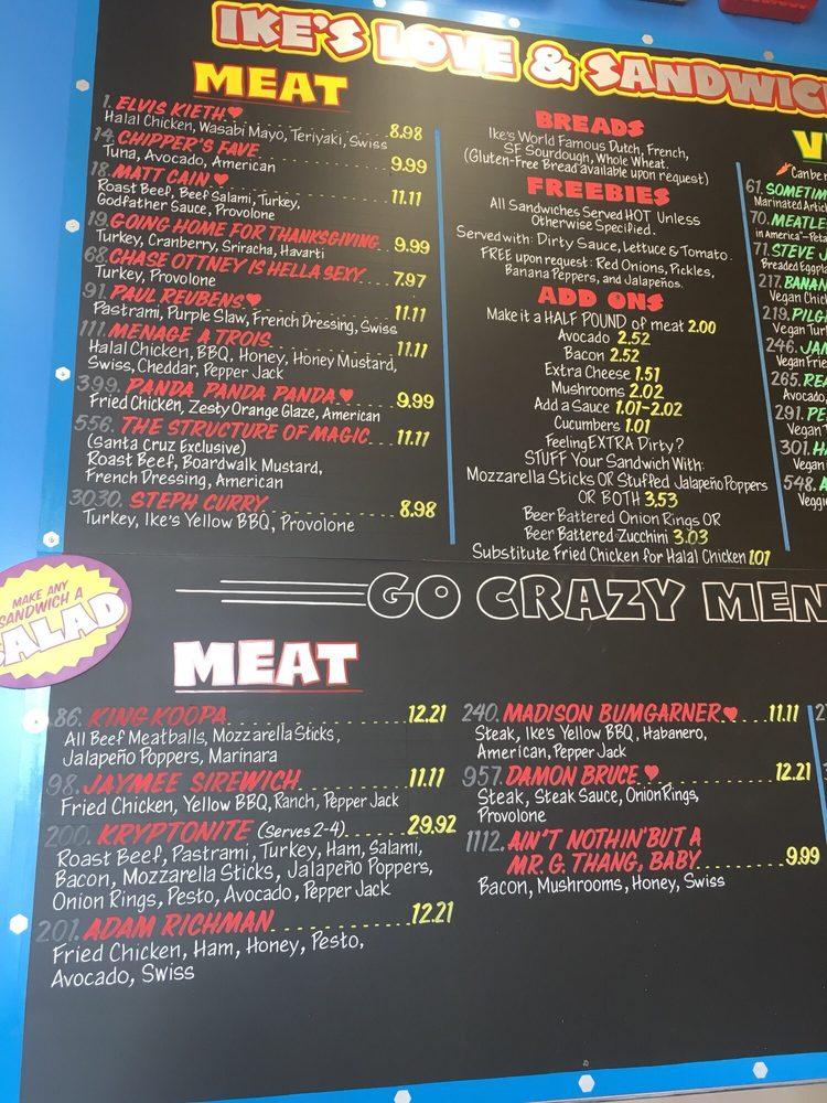 Menu at Ike's Love & Sandwiches restaurant, Santa Cruz