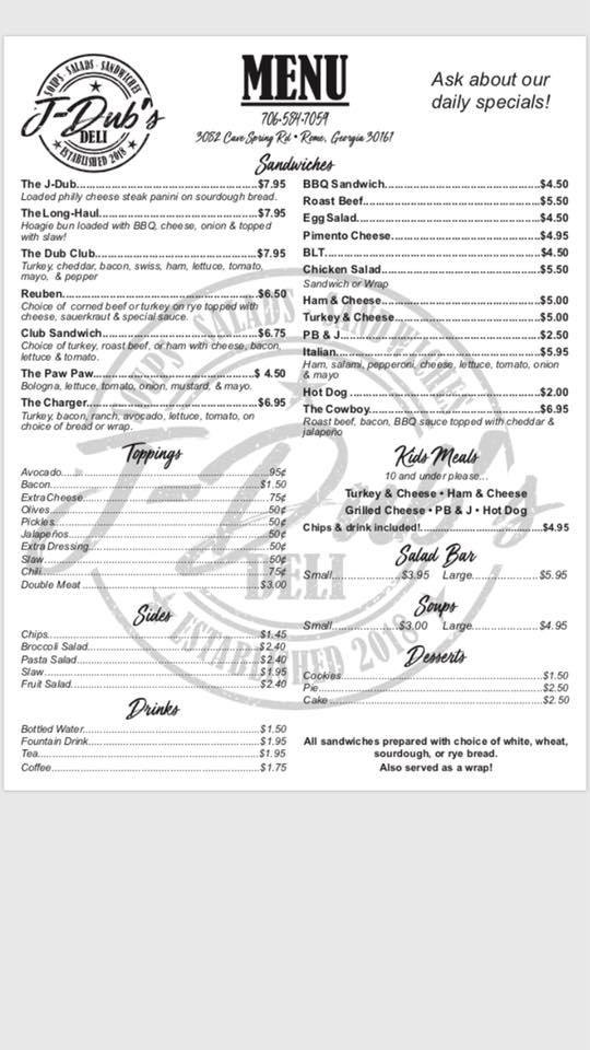 Menu at J-dub's Deli restaurant, Rome