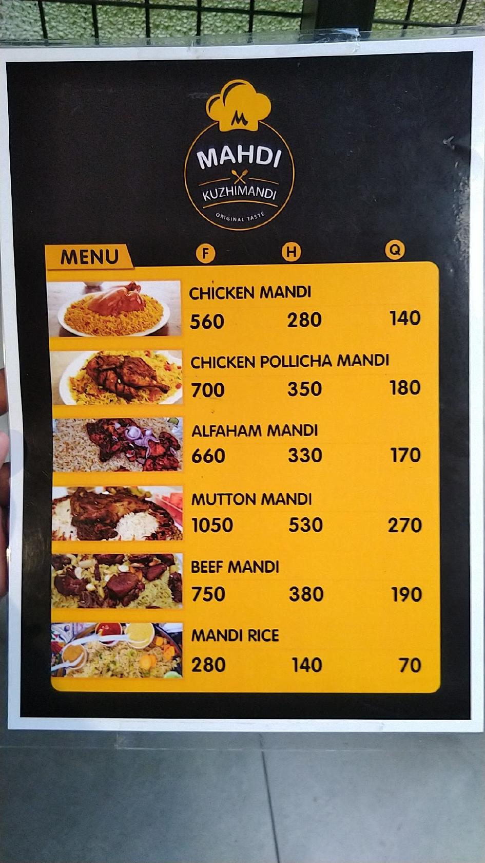 Menu at Mahdi Kuzhimandhi, Kozhikode