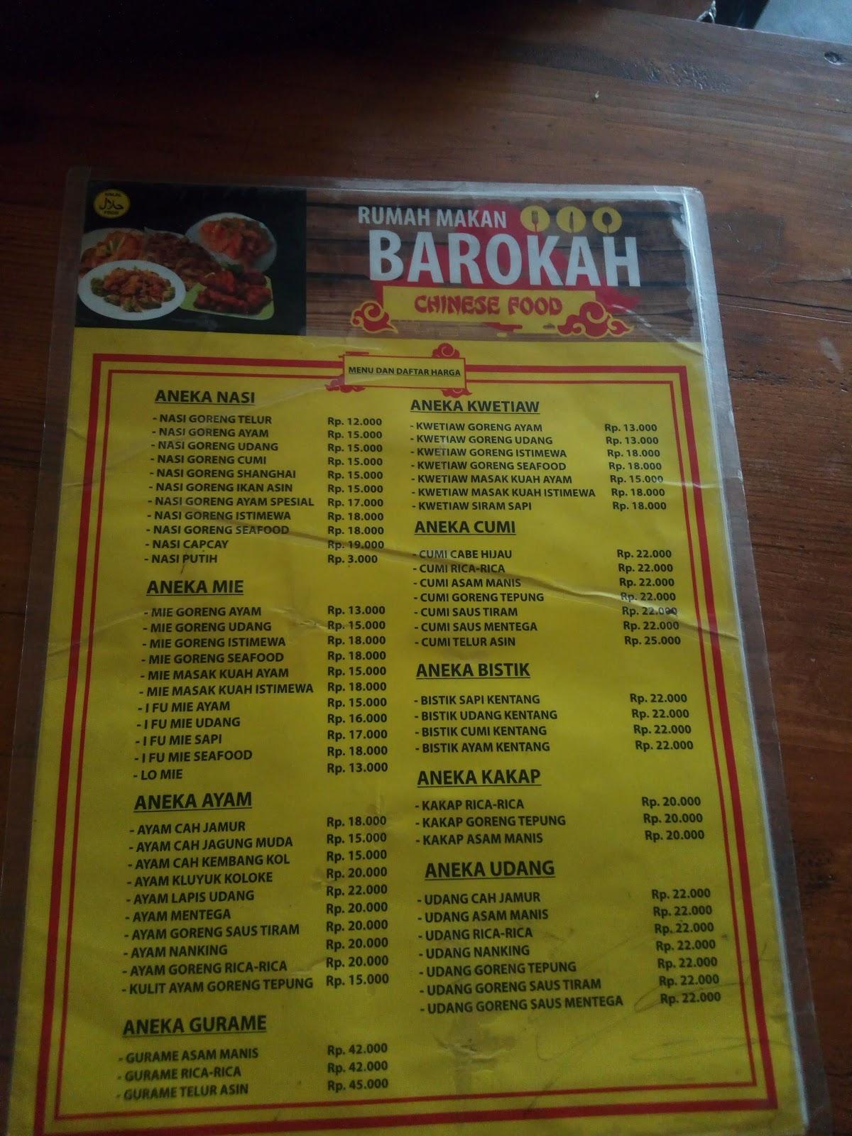 Menu at RM Barokah (Chinese Food Halal), Semarang