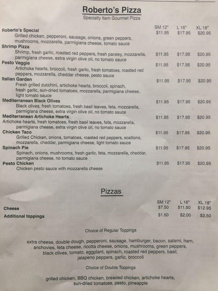 Menu at Roberto's Pizzeria, Greenfield, 80 Federal St