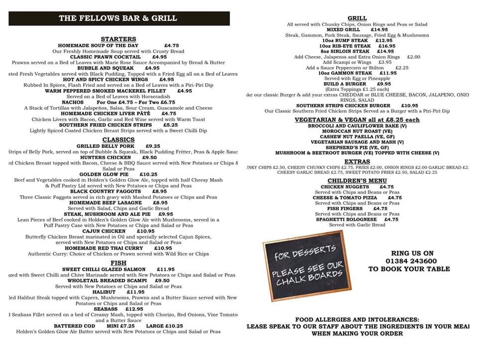 Menu at The Fellows Pub, Dudley