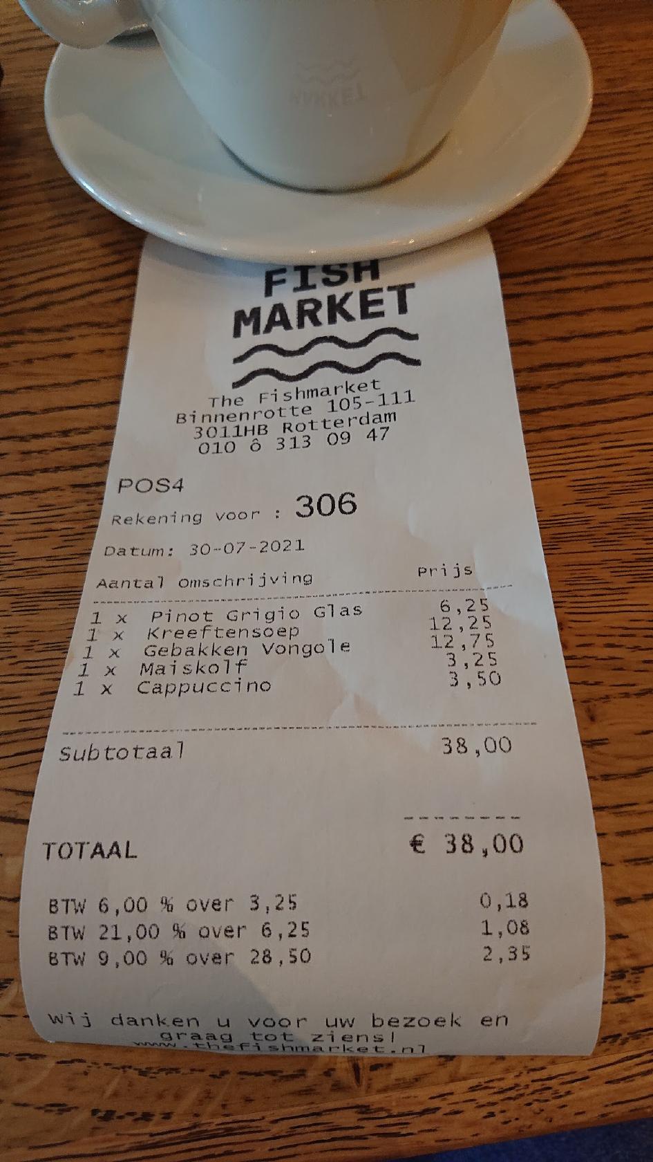 Menu at The Fish Market, Rotterdam