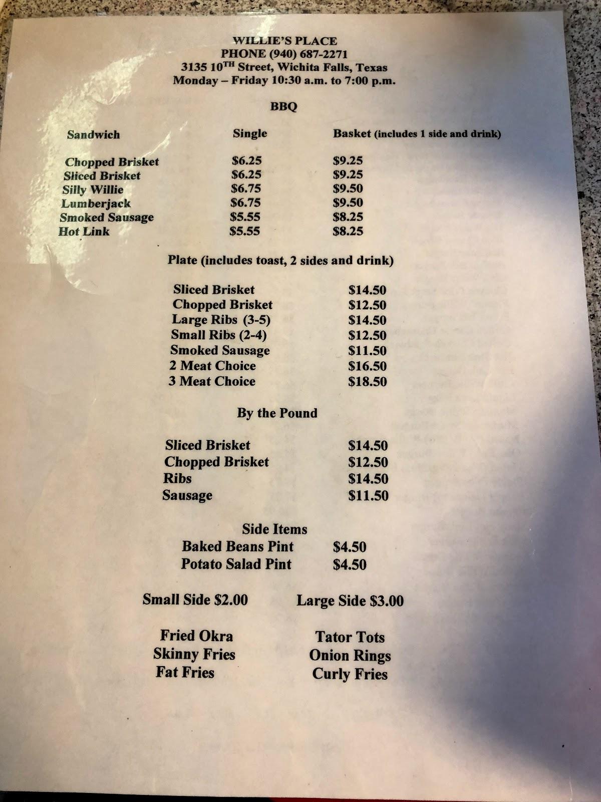 Menu at Willie's Place BBQ, Wichita Falls
