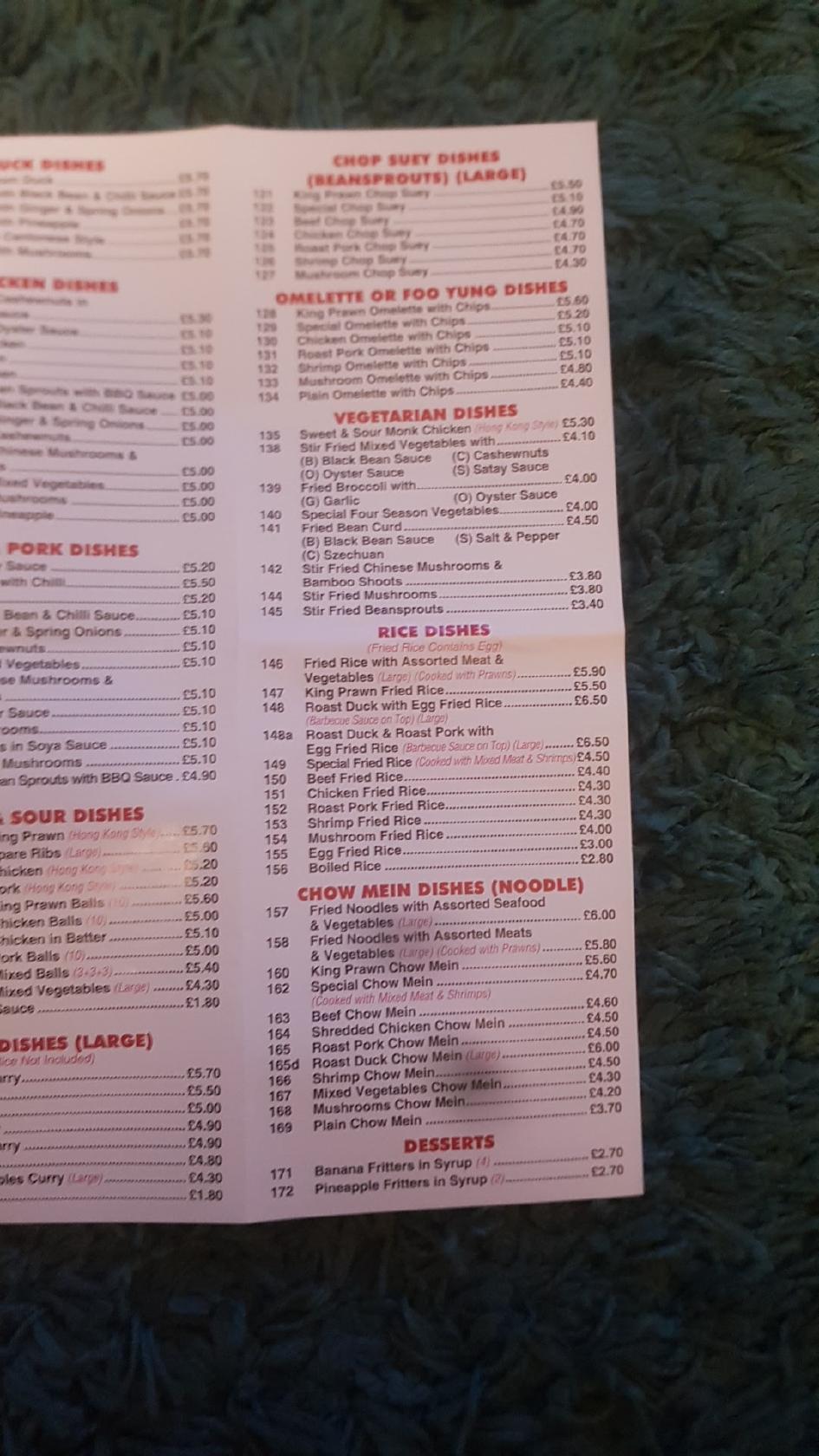 Menu at Chan Takeaway fast food, London, 91 Barnehurst Rd
