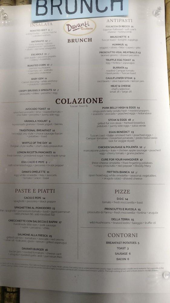 Menu at Davanti Enoteca restaurant, San Diego, India St